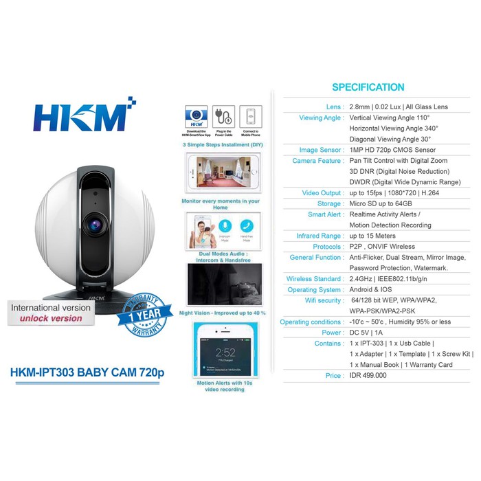 Jual IP Cam CCTV Wifi HKM-IPT303 1MP HD Rotate (Night Vision+Motion ...
