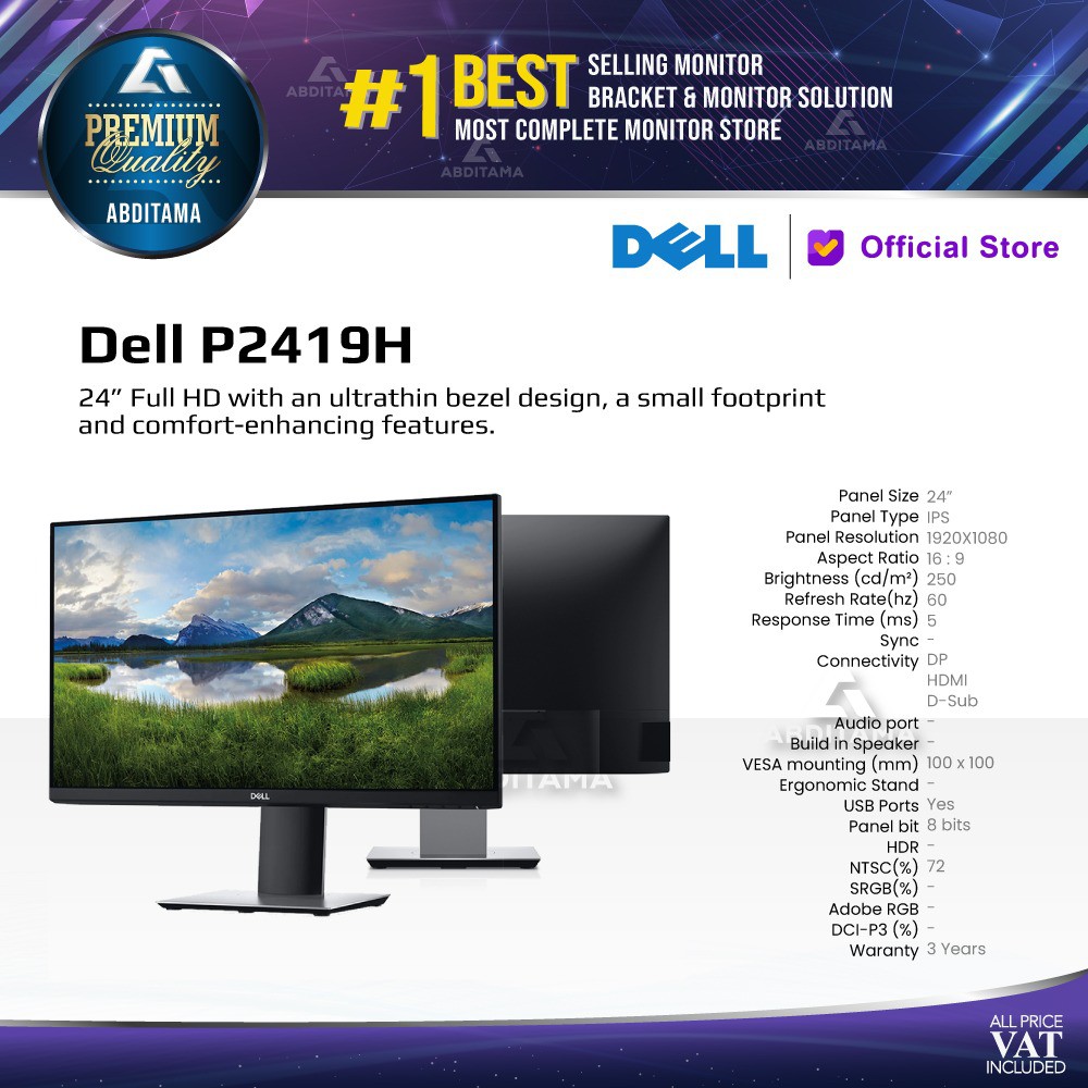 Jual Monitor LED Dell P2419H 24" 1920x1080 IPS VGA HDMI DP Height Pivot ...