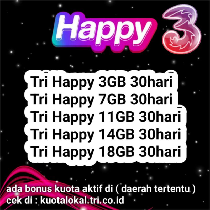 Jual Kuota Tri/3/Three Happy Nasional Aktif 30hari 3GB , 7GB , 11GB , 14GB , 18GB | Shopee Indonesia