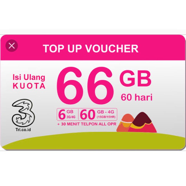 Jual [PROMO] TRI Three VOUCHER KUOTA LTE 66GB PAKET DATA TRI 6+60GB ...