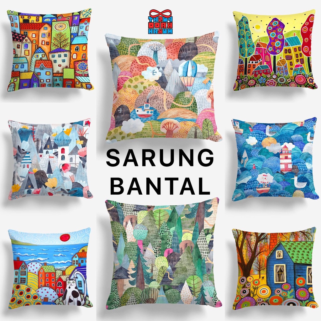 Jual COVER SARUNG Bantal Sofa Print Motif Lukisan Rumah Retro Painting ...