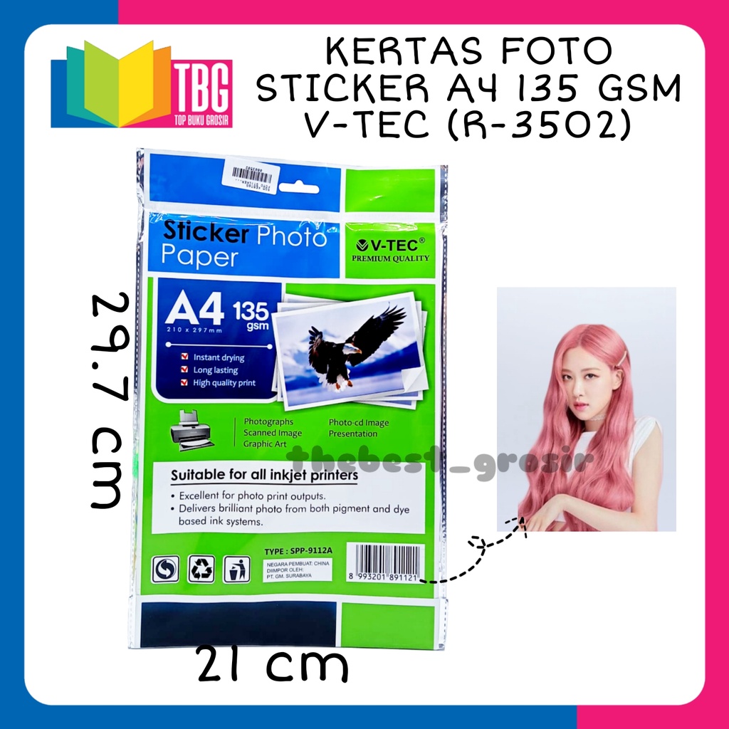 Jual 1 PACK (20 LEMBAR) KERTAS FOTO STICKER A4 135GSM V-TEC/KERTAS ...