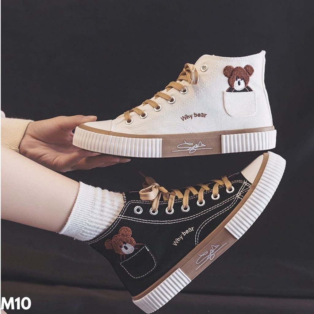 Jual SEPATU HIGH TOP BEAR CANVAS SNEAKERS WANITA KEKINIAN BLACK BEIGE ...