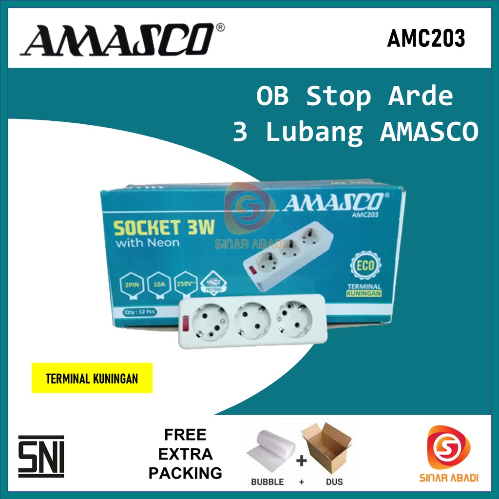Jual Stop Kontak Arde 3 Lubang Terminal Colokan Listrik AMASCO AMC-203 ...