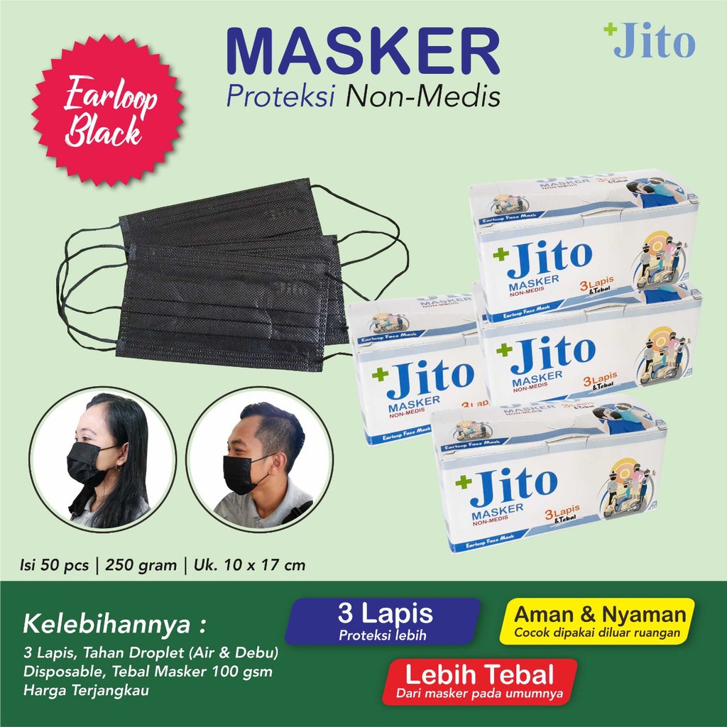 Jual MASKER JITO HITAM EARLOOP NON MEDIS 100 GSM 3 LAPIS TEBAL EARLOOP ...