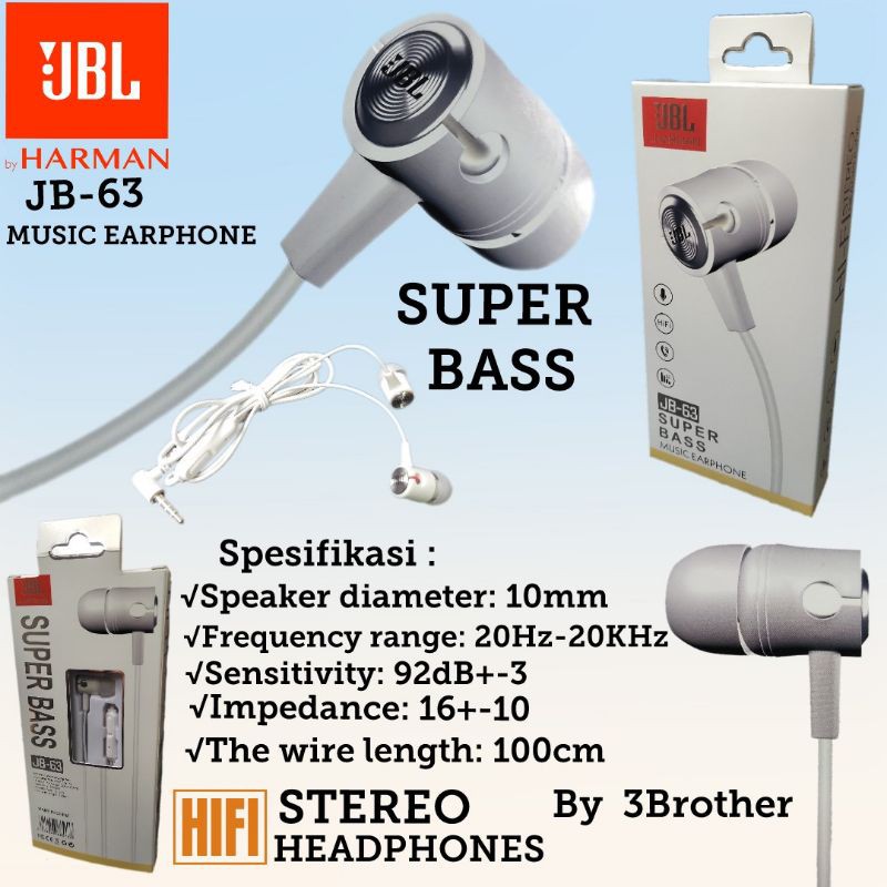 Jual Handsfree Headset JBL JB-63 Stereo Earphone HI-FI Super Bass Sound ...