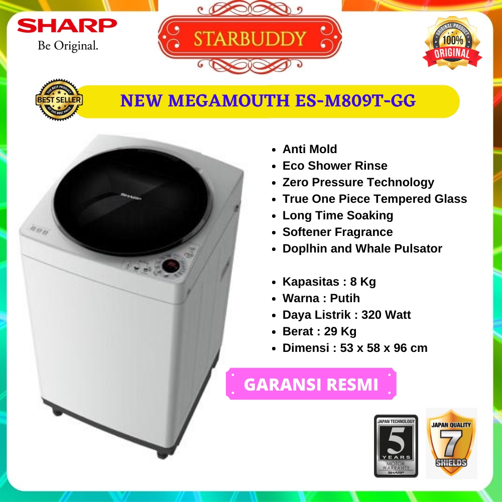 Jual MESIN CUCI SHARP ES-M809T-GG MEGAMOUTH TOP LOADING 8 KG - JADETABEK | Shopee Indonesia