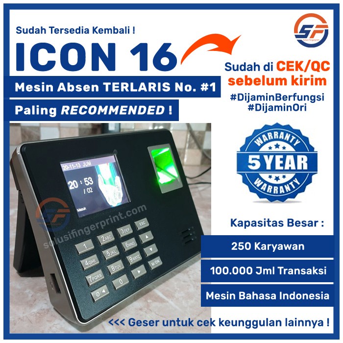 Jual MESIN ABSEN ICON 16 MESIN ABSENSI SIDIK JARI SEPERTI ZKTECO LX50 ...