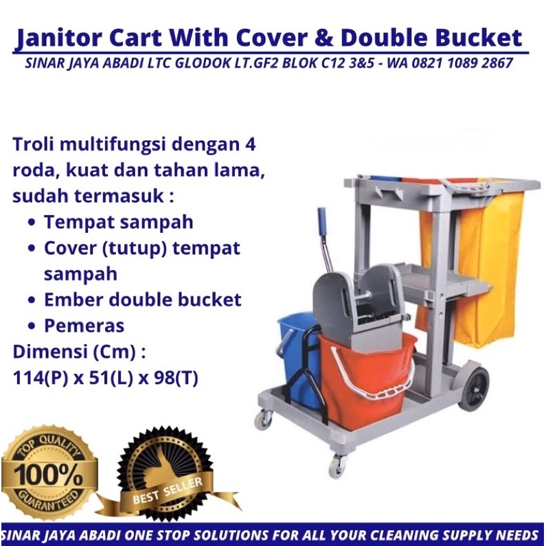 Jual Trolley Janitor Cart With Cover & Double Bucket Wringer Press ...