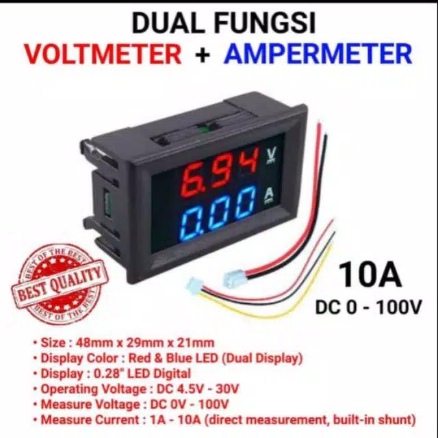 Jual Voltmeter Digital DC 0-100V 10A volt meter Tampilan Ganda Detektor Tegangan 0.28" merah ...