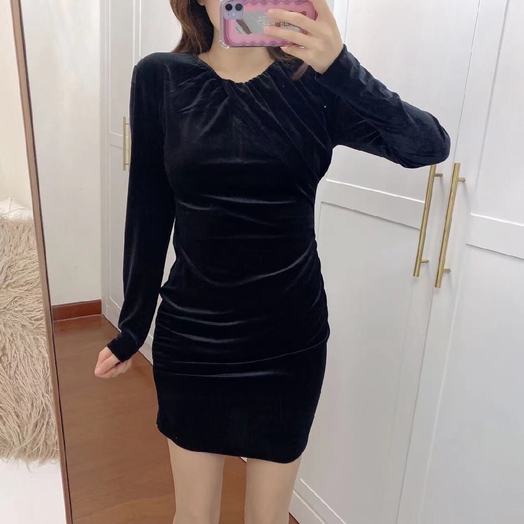Jual Dress Velvet Hitam Lengan Panjang Import Gaya Korea 64837 | Shopee ...