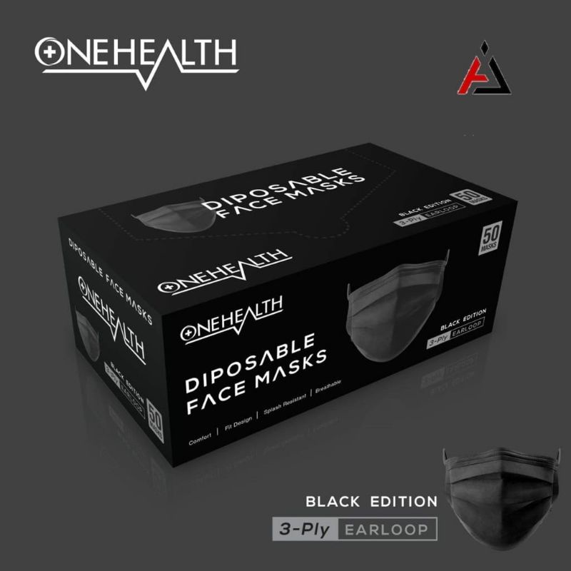 Jual Masker 3 Ply Earloop Onehealth Black Edition Per Box isi 50 Pcs ...