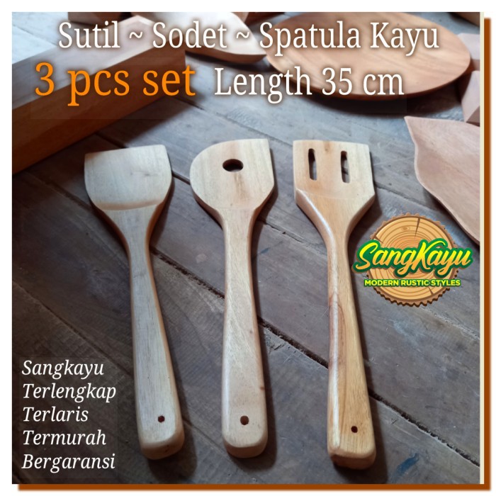 Jual Sutil kayu Sodet kayu Spatula Kayu set 3 pcs panjang 35 cm ...
