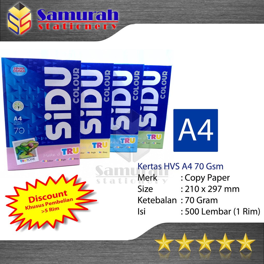 Jual Kertas HVS Sinar Dunia A4 70 Gsm Warna / Kertas SIDU A4 Warna 70 ...