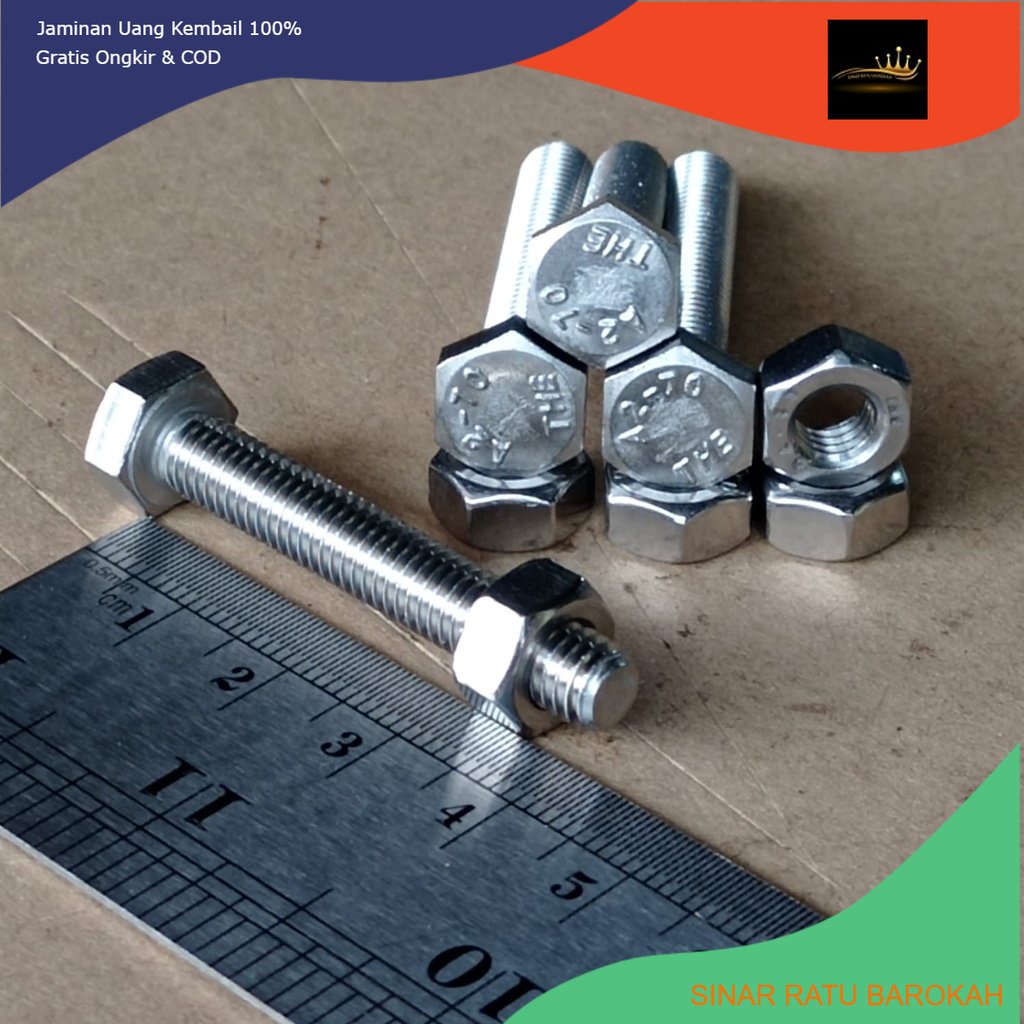 Jual BAUT M6X40 STAINLESS STEEL SS PANJANG 4CM 4 CM 40MM BAUT MUR M6 X 40 SUS 304 ANTI KARAT ...