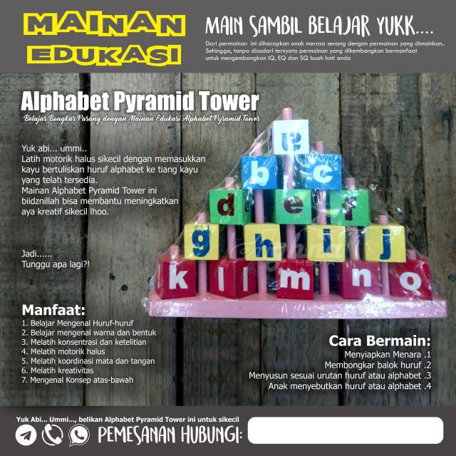 Jual MAINAN KAYU EDUKASI - alphabet pyramid tower puzzle mainan edukasi ...