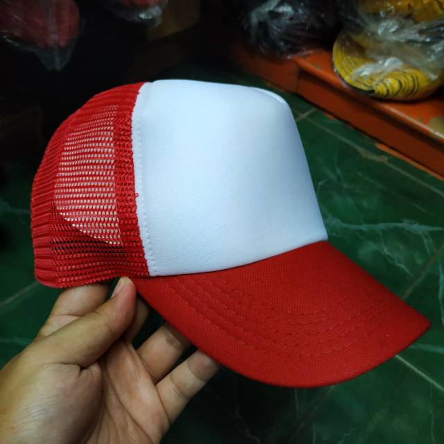 Jual Topi Trucker Kombinasi Merah Putih Merah | Topi Jaring Polos ...