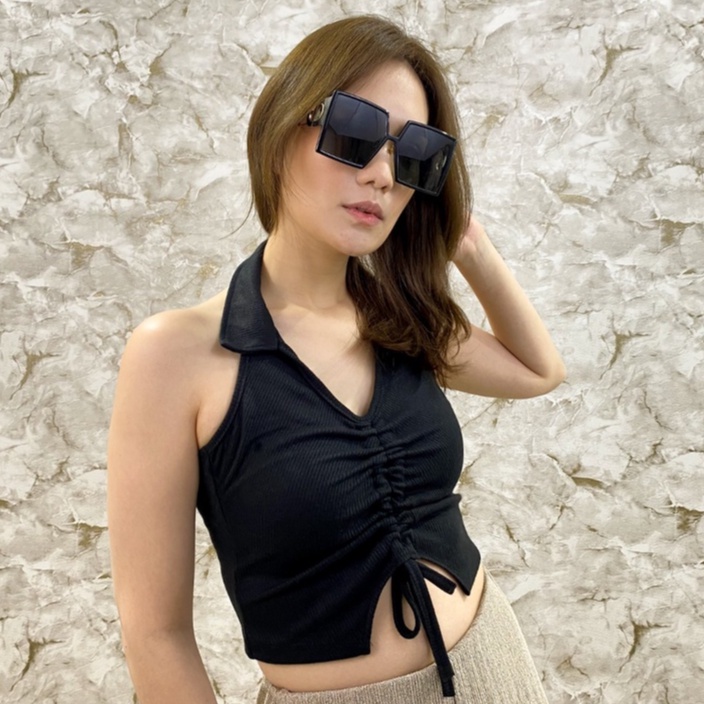 Jual Modavie Christy Crop Tank Top Korea Knit Polo Crop Tee Wanita