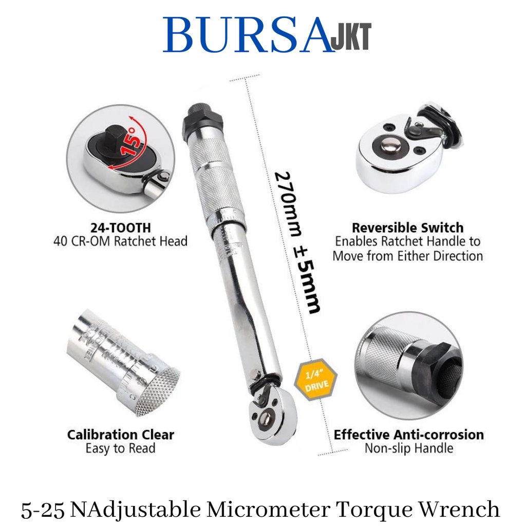 Jual ADJUSTABLE TORQUE WRENCH 1/4 INCH 5 - 25 KUNCI MICROMETER MOMEN ...