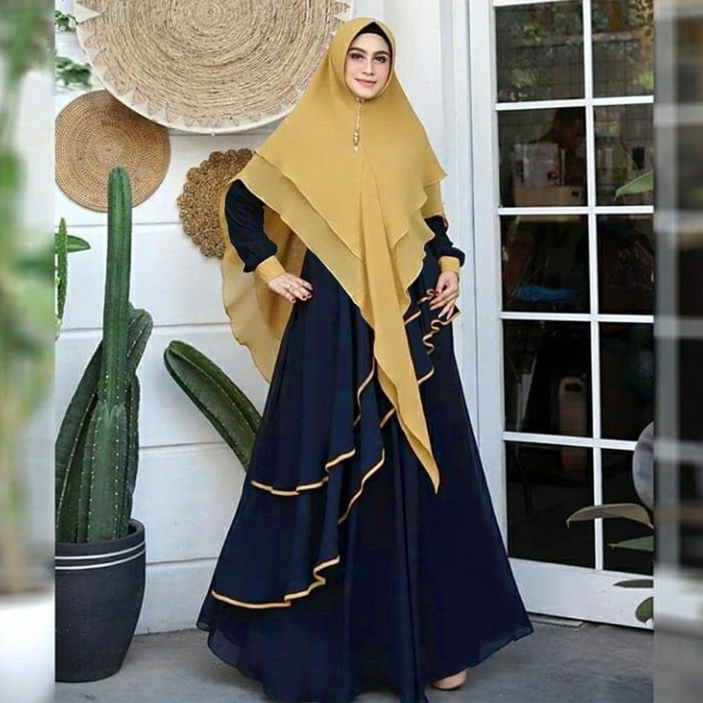 Jual SMARTDN Terbaru gamis alivia navy kuning syari jumbo busana muslim ...