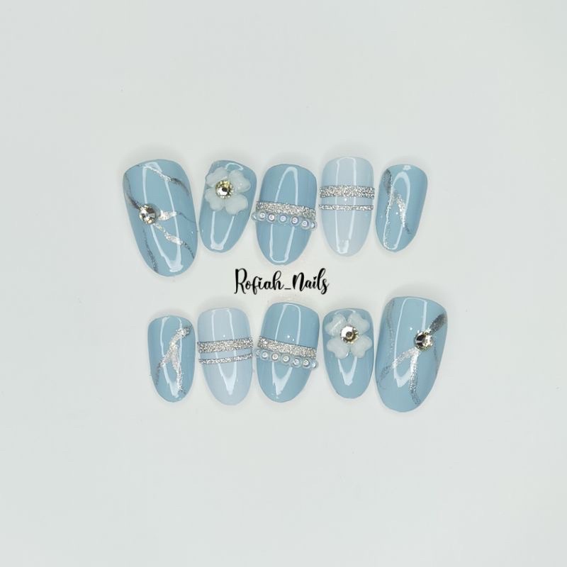 Jual PRESS ON NAILS | KUKU WEDDING SIMPLE WARNA BIRU | Shopee Indonesia