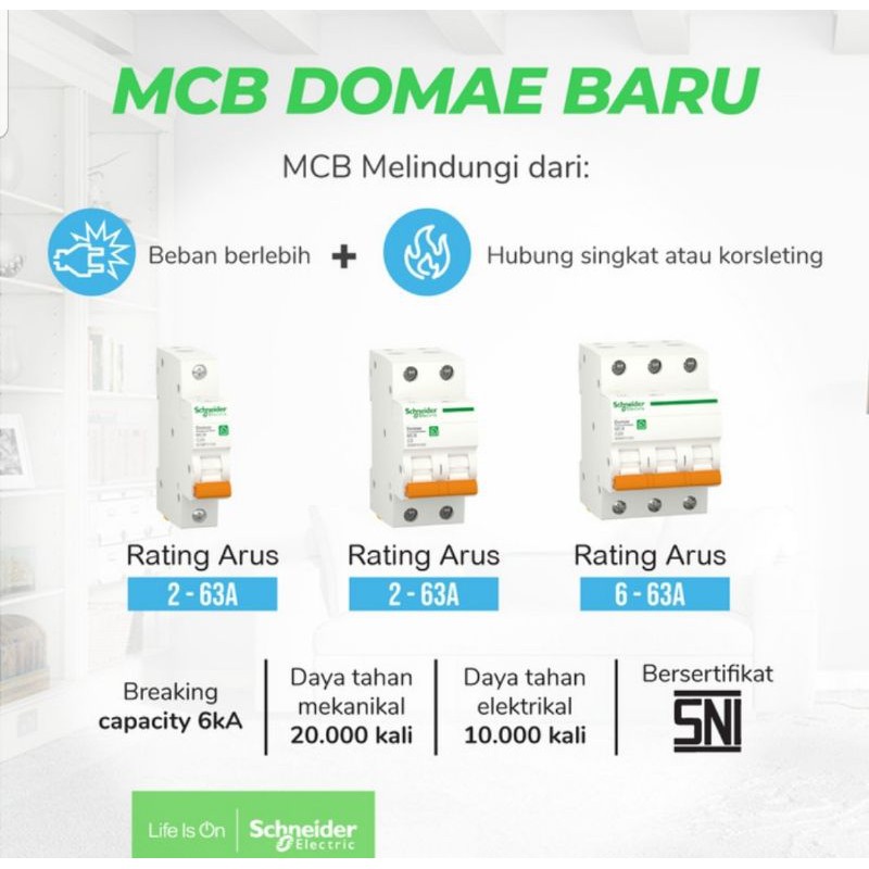 Jual MCB NEW DOMAE SCHNEIDER 1PHASE 1P 1 P Phase 2A 4A 6A 10A 16A 20A 25A 32A 40A 50A 63A ASLI ...