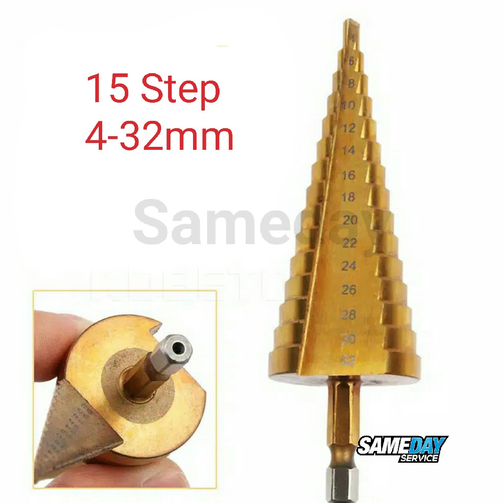 Jual Mata Bor Pagoda multi step cone drill hss coating titanium 15 ...