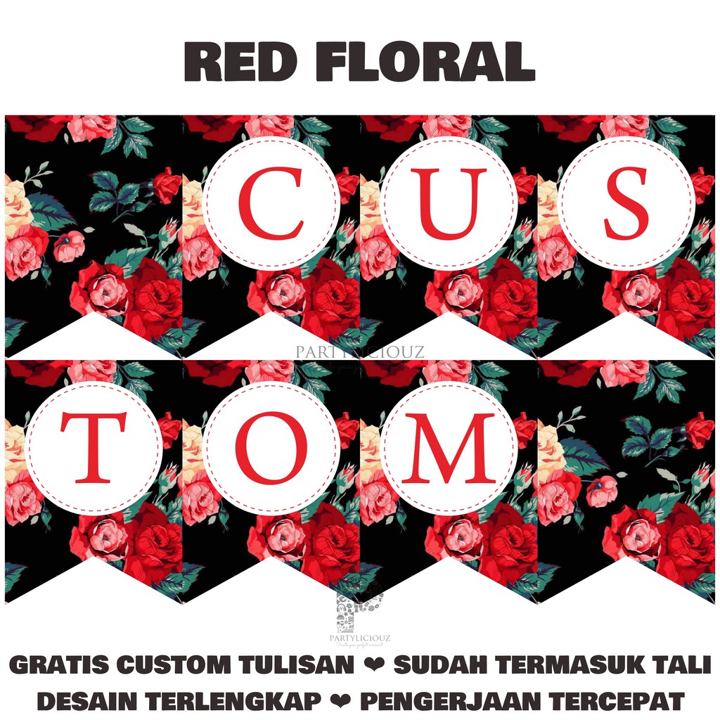 Jual Banner Flag / Bunting Flag Custom Red Floral Bendera Dekorasi ...
