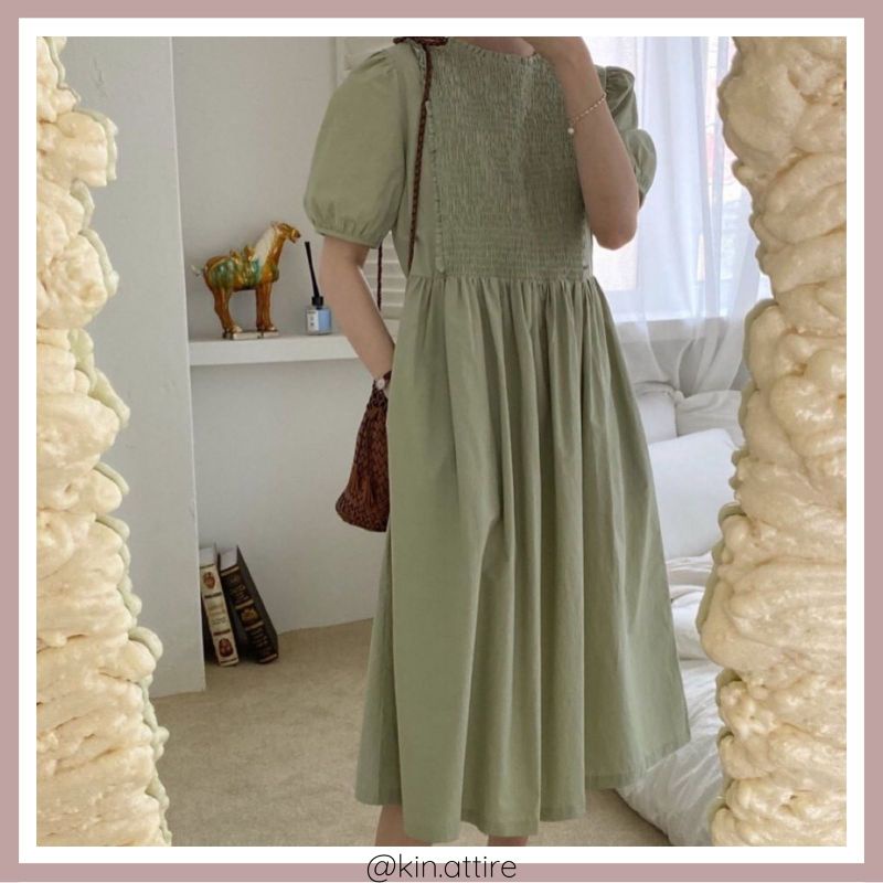 Jual Dress Korea Style Lengan Puff (Dada Full karet) | Shopee Indonesia