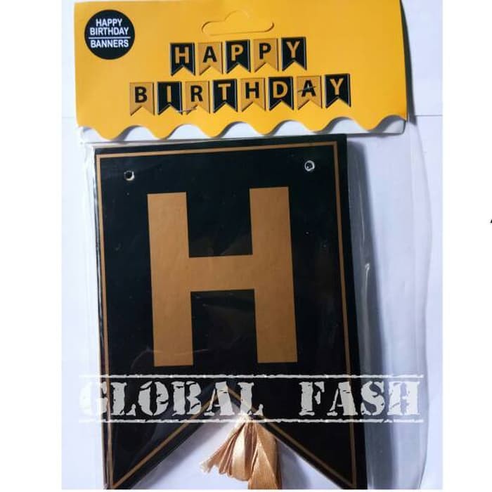 Jual banner HBD gold / bunting flag gold hitam / banner gold hitam ...