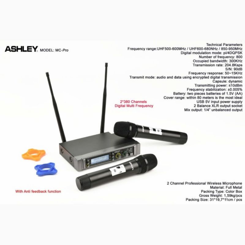 Jual Mic Wireless Ashley UHF MC Pro 2 Microphone wrilelles mic voice ...