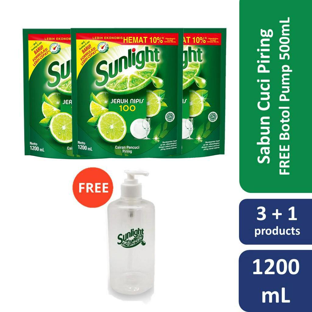 Jual Sunlight Lime New Refill 1200 ml x 3 pcs - FREE Botol Pump 500 ml ...