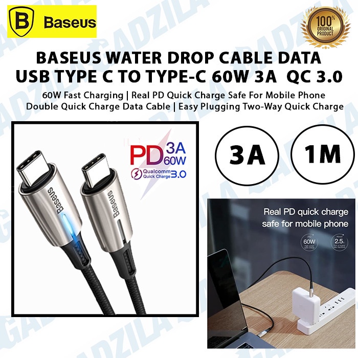 Jual Ready Baseus Kabel Data USB Type C Cable 60w 3A Water Drop QC.30 ...