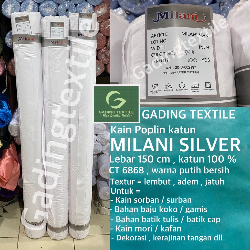 Jual ( per 1 roll ) kain katun poplin putih MILANI SILVER full cotton ...