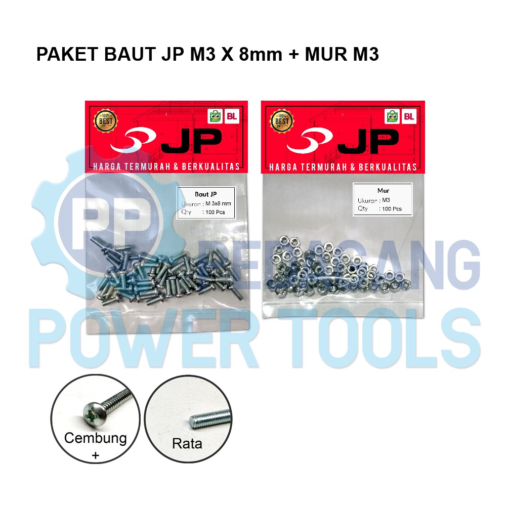 Jual PAKET 2 SET BAUT MUR 3x8 BAUT JP M 3 x 8 MM MUR M3 SKRUP ISI 100 PCS | Shopee Indonesia
