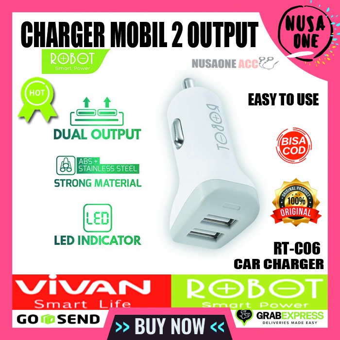 Jual ROBOT RT-C06 CAR CHARGER DOUBLE USB ORIGINAL DUAL PORTS CHARGER ...
