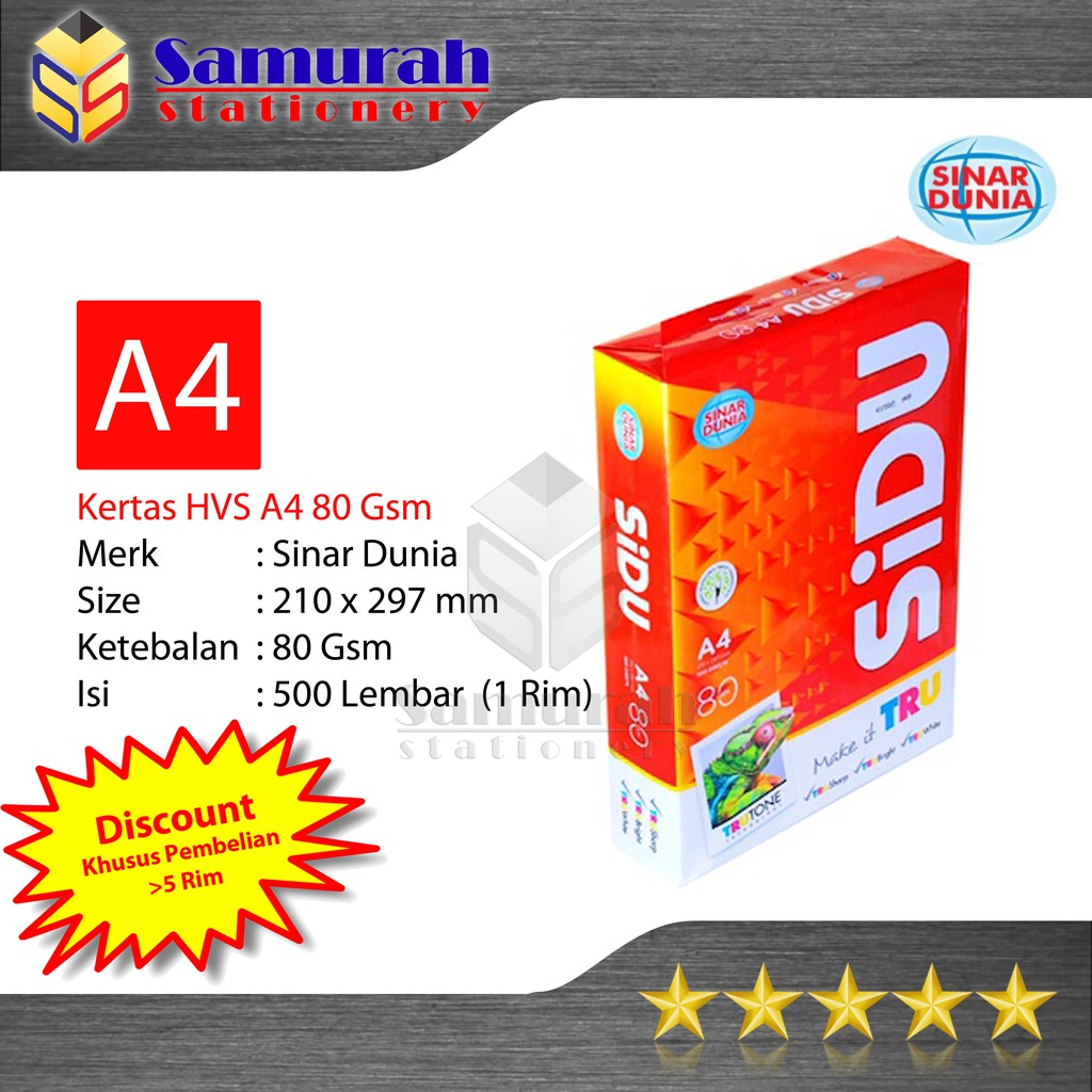 Jual Kertas HVS Sinar Dunia A4 80 Gsm / HVS Sidu A4 80 Gram / Kertas Sidu A4 80gsm Kertas HVS ...