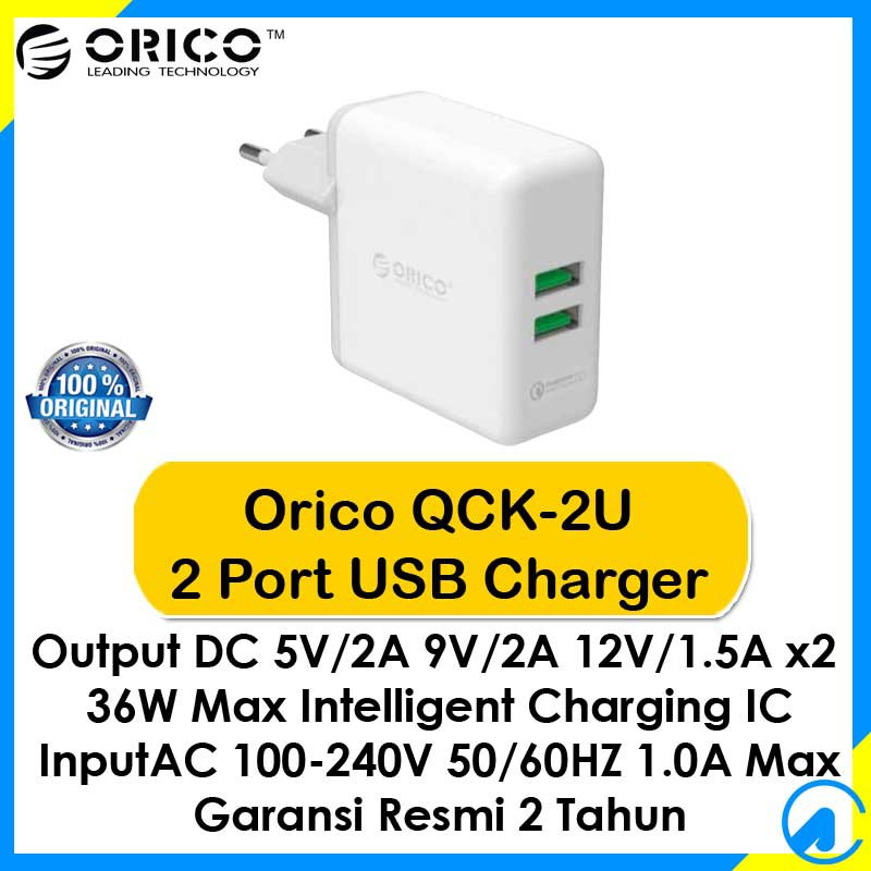 Jual Orico QCK-2U 2 Port Qc 2.0 USB Charger DC 5V/2A 9V/2A 12V/1.5A x2 36W Max | Shopee Indonesia