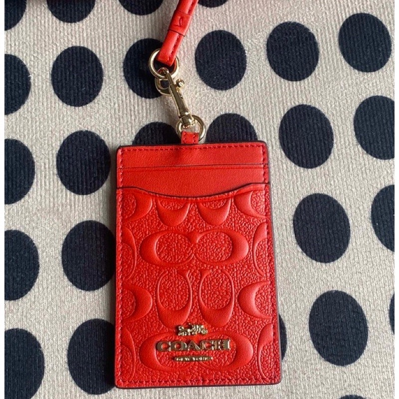 Jual Coach Red Embossed in Signature Metal Logo Lanyard || Name Tag ...