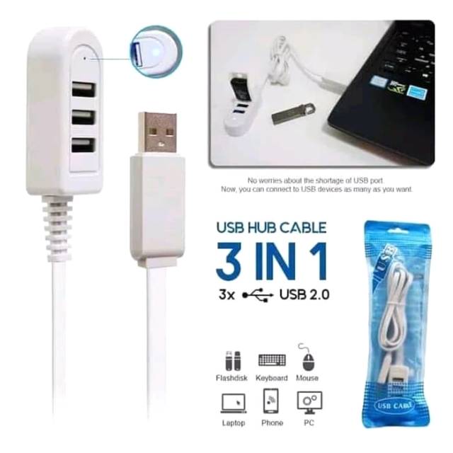 Jual USB HUB 3 PORT 3 IN 1 EXTENSION With Data 30 Cm 2.4A Usb Hub ...