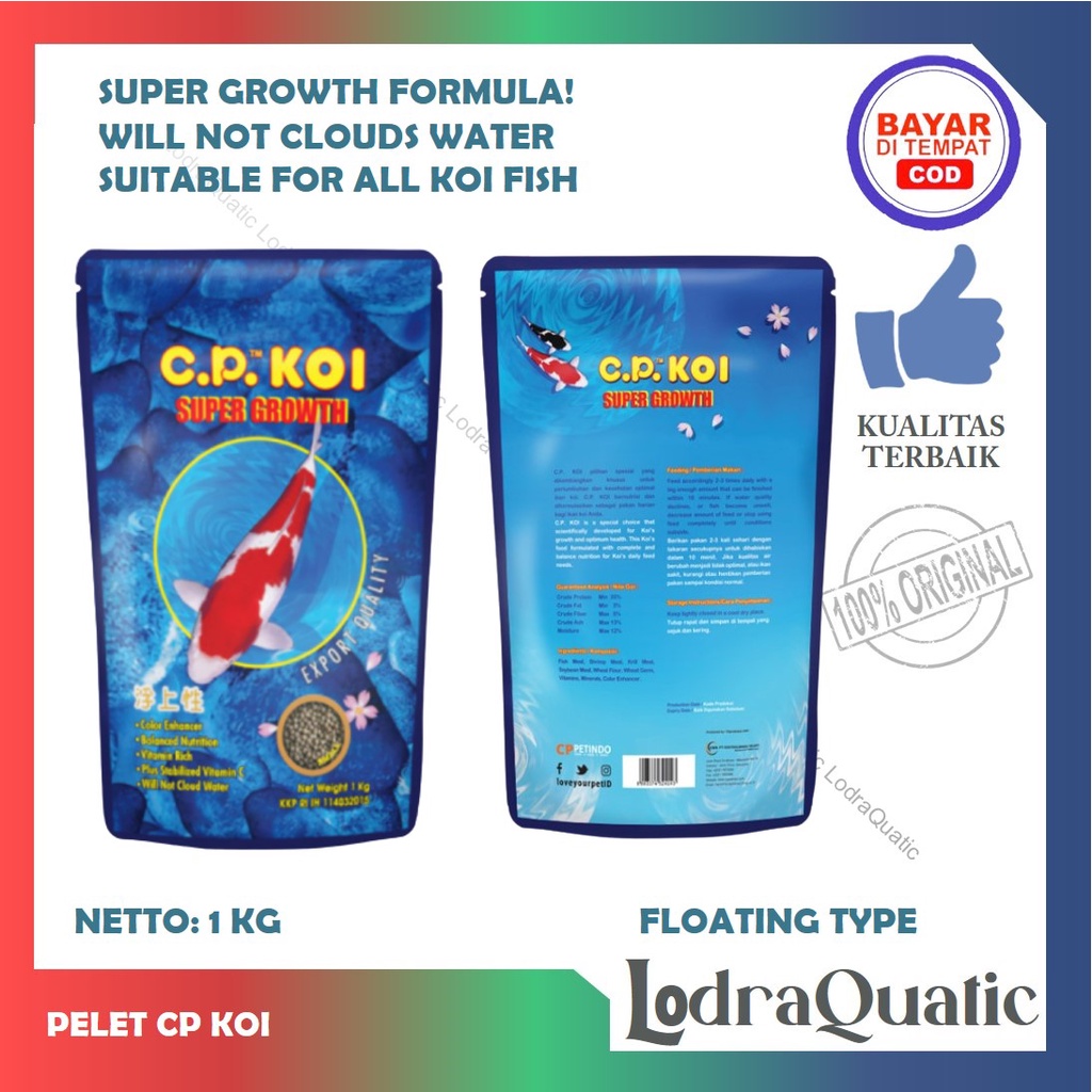 Jual {PELET CP KOI} PELET CP KOI GROWTH 1 KG HIGH GROWTH COLOUR ENHANCER PELET IKAN KOI PAKAN ...