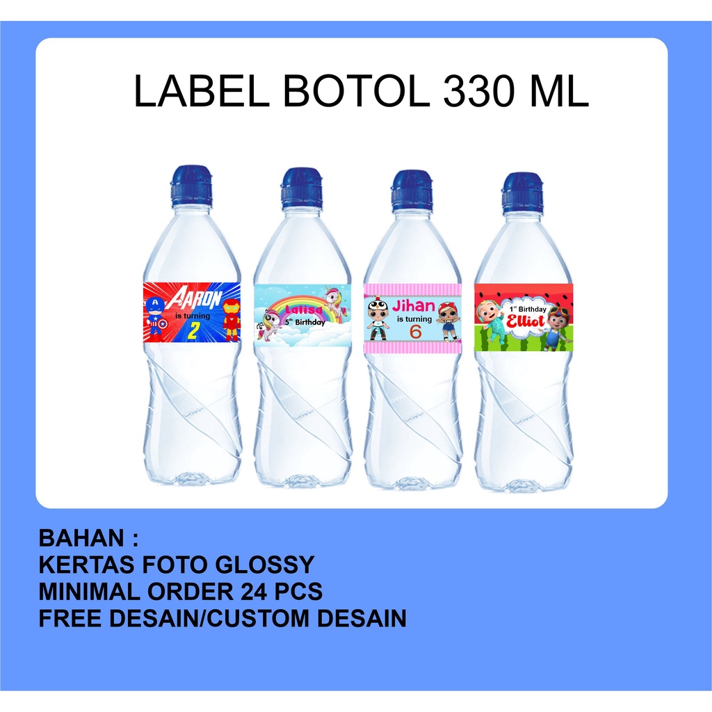 Jual Label Botol Mineral kecil Mini 330 ml Dessert Table Ultah custom ...