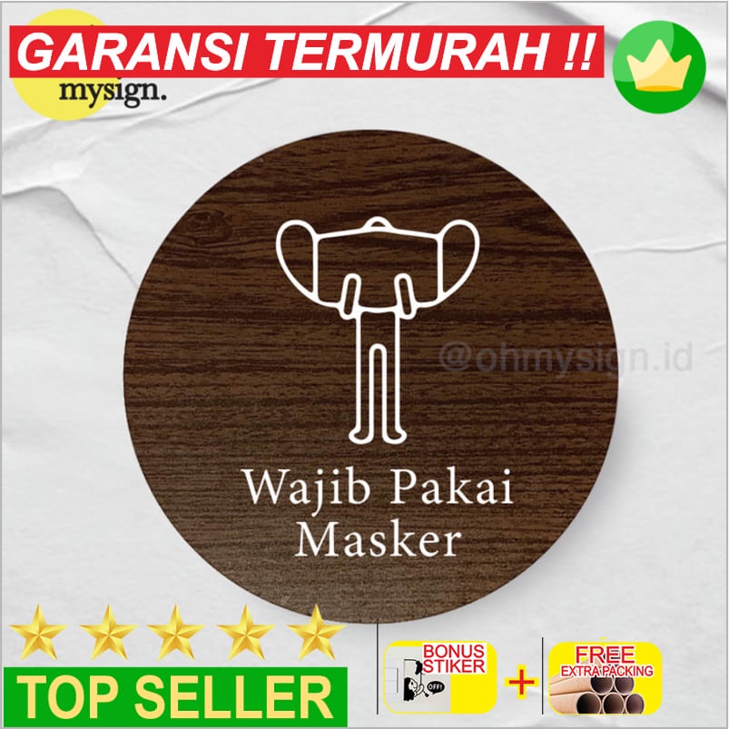 Jual Murah Wajib Pakai Masker Sign Board Kayu Bulat Print Signage Label ...