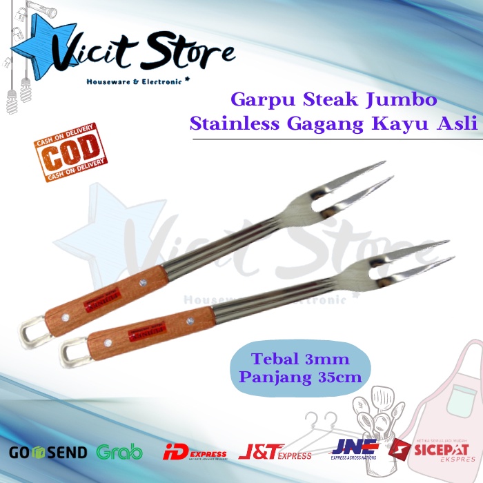Jual Garpu Steak Jumbo 35cm / Garpu BBQ Jumbo Stainless Steel Gagang Kayu | Shopee Indonesia