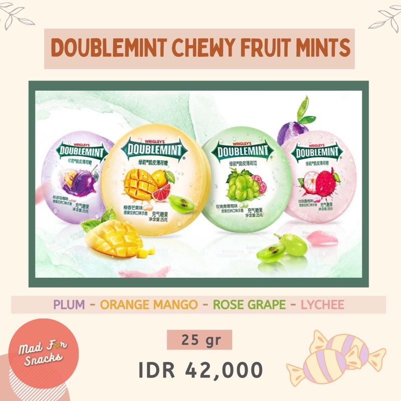 Jual Doublemint Chewy Fruit Mints (Orange Mango/ Rose Grape/ Lychee ...