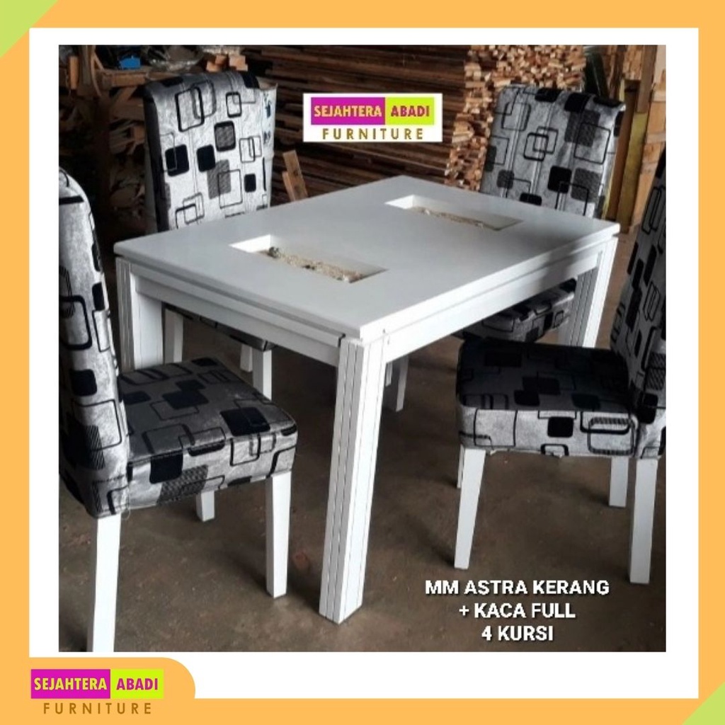 Jual meja makan kayu minimalis kerang + kaca putih 4 dudukan | Shopee ...