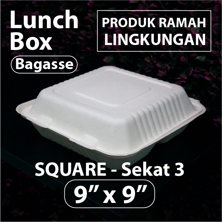 Jual Lunch Box Bagasse Kotak Sekat 3 - 9” x 9” - Ramah Lingkungan ...