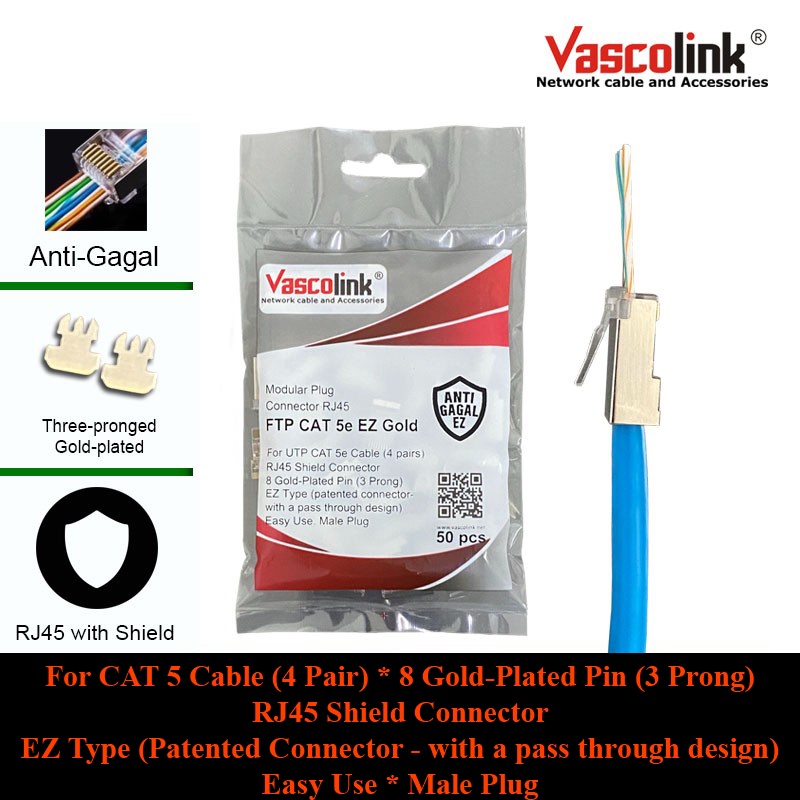 Jual Vascolink RJ45 Connector FTP Cat 5e EZ Gold pin Isi 50pcs | Shopee ...