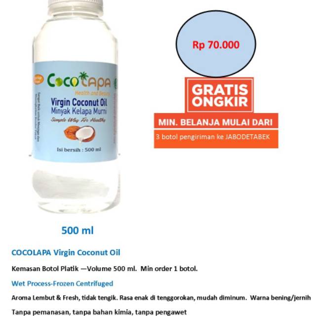 Jual COCOLAPA VCO Kemasan Botol 500 ml | Shopee Indonesia