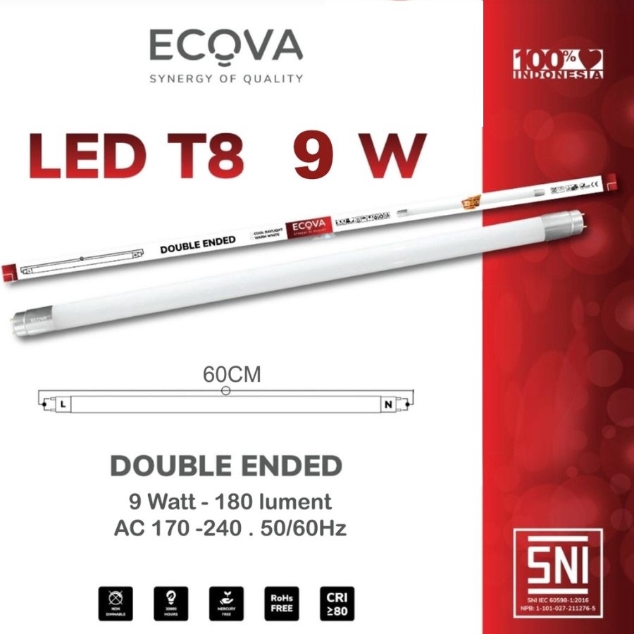 Jual Lampu TL T8 LED 9 Watt Putih Warm - Panjang 60cm ECOVA | Shopee Indonesia